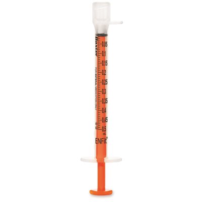 Enteral Syringe with ENFit Connector 0.5 mL, Clear with Orange Plunger
