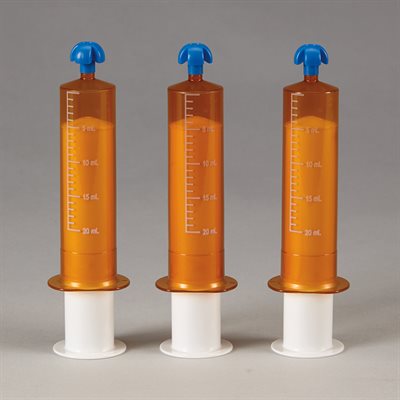 Comar® Oral Dispensers with Tip Caps, 20mL, Amber with White Plunger