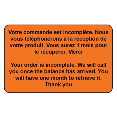 Label: Votre commande est incomplète...